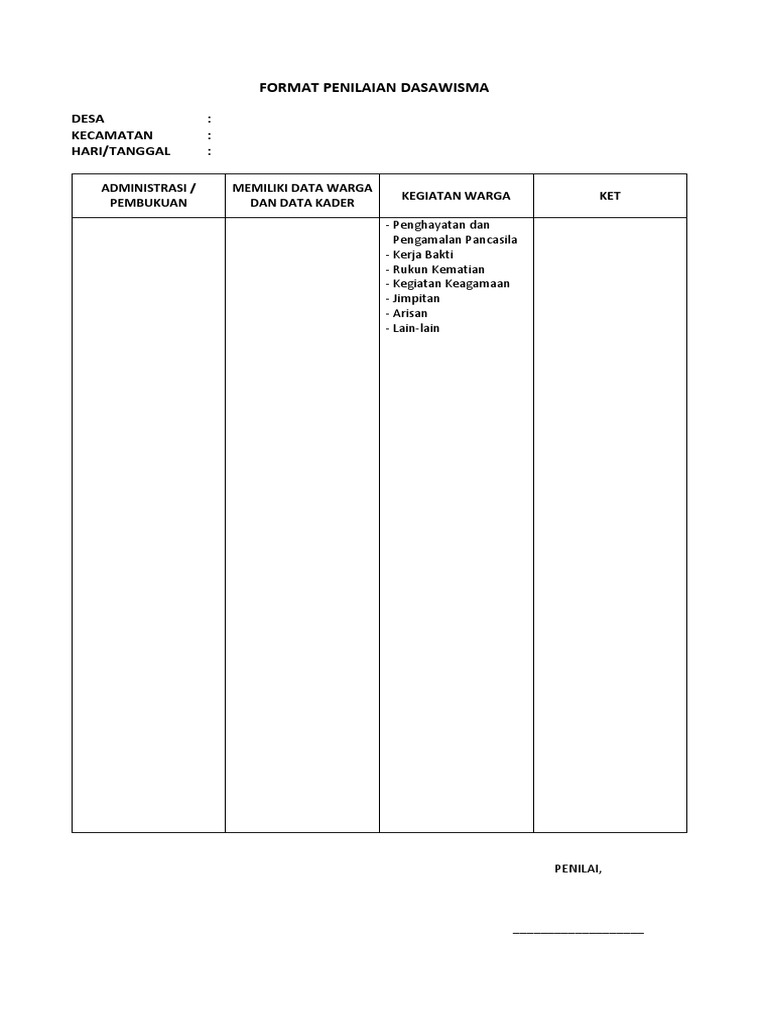 Format Penilaian Dasawisma | PDF