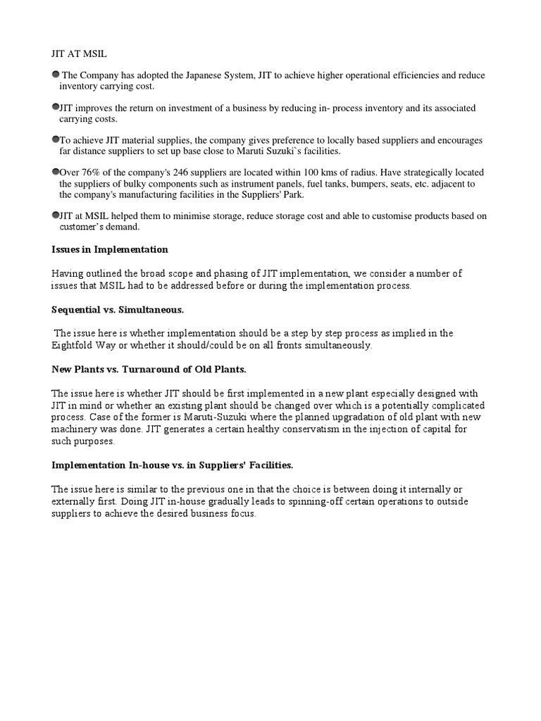 JIT Implementation Strategies at MSIL | PDF