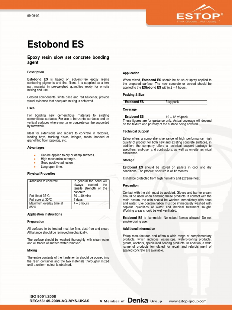 Estobond ES: Epoxy Resin Slow Set Concrete Bonding Agent | PDF | Epoxy ...