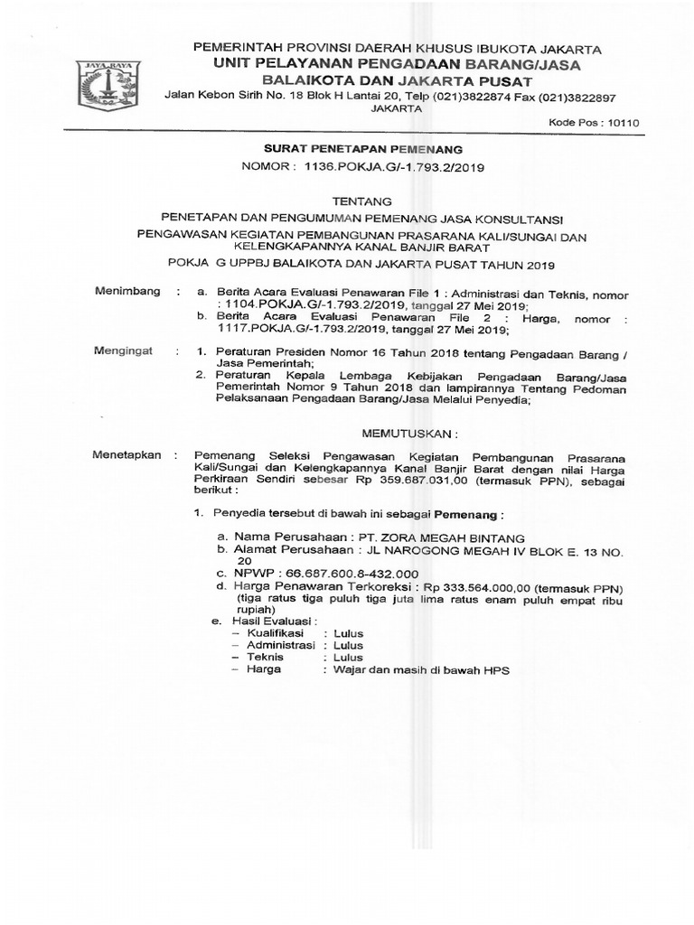 Surat Penetapan Pemenang Pengawas KBB PT. Zora Megah Bintang PDF | PDF
