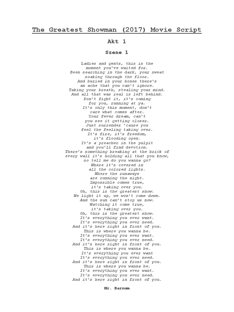 The Greatest Showman (2017) Movie Script: Szene 1 | PDF | German Songs