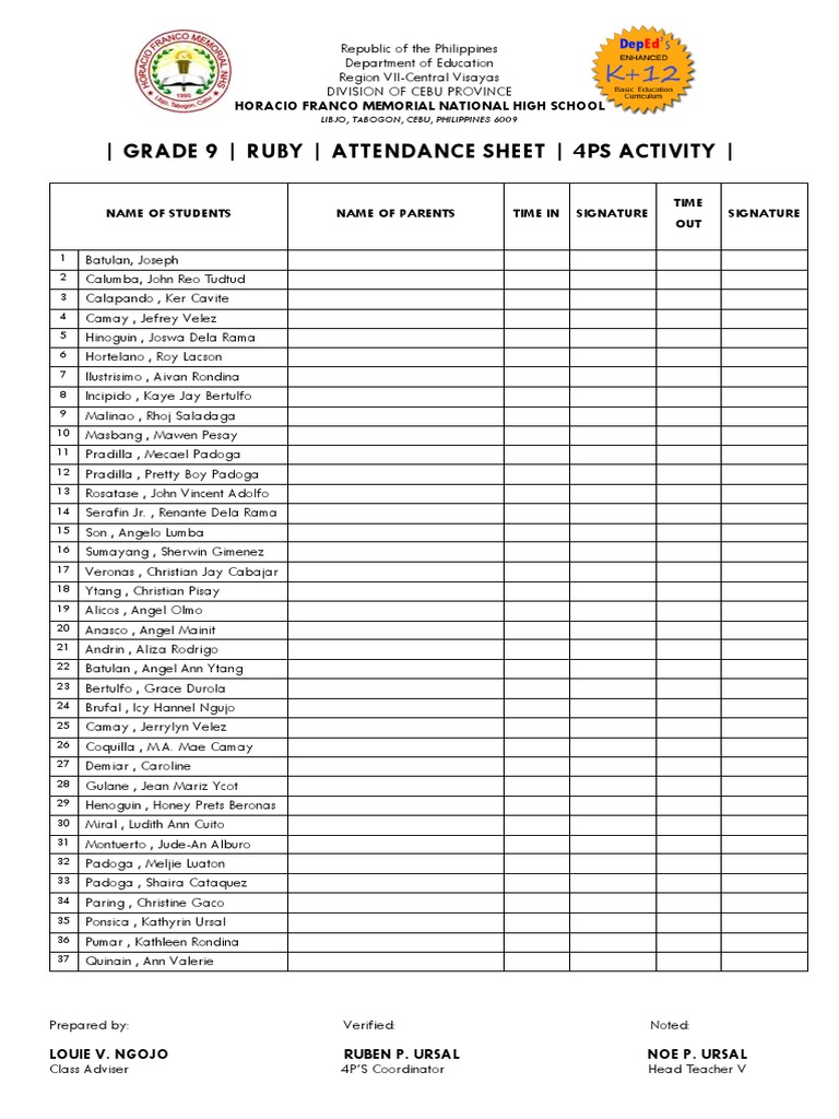 Grade 9 - Ruby - Attendance Sheet - 4Ps Activity - : Horacio Franco ...