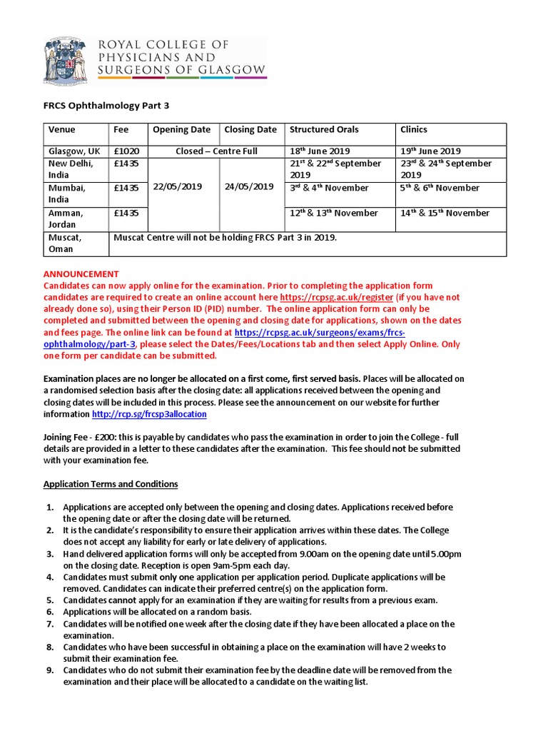 FRCS Ophthalmology Part 3 Exam Details | PDF | Travel Visa | Government ...
