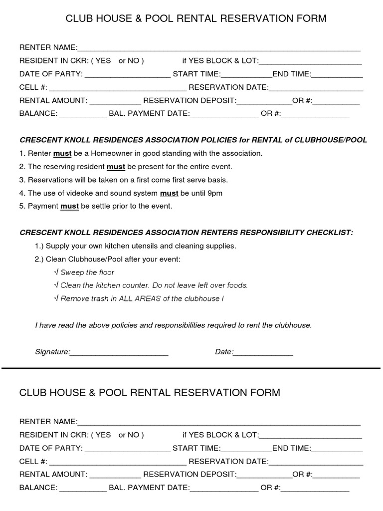 Club House & Pool Rental Reservation Form: Crescent Knoll Residences ...