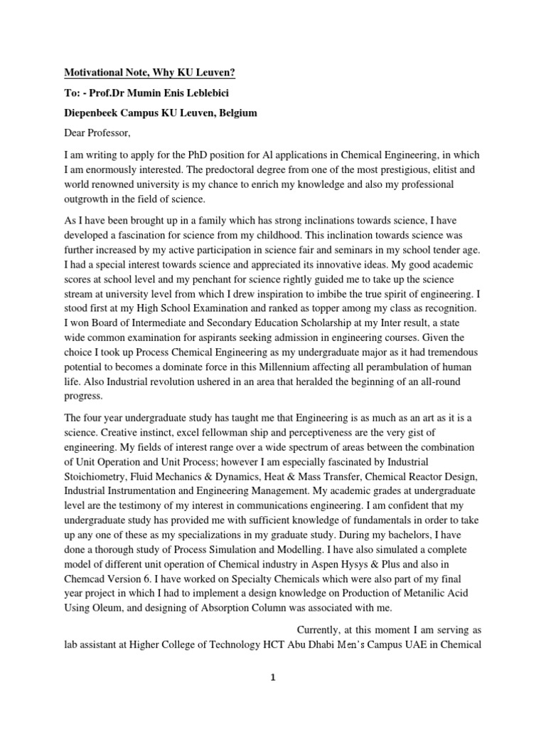 Motivational Note For PHD KU Leuven | PDF | Pyrolysis | Further Education
