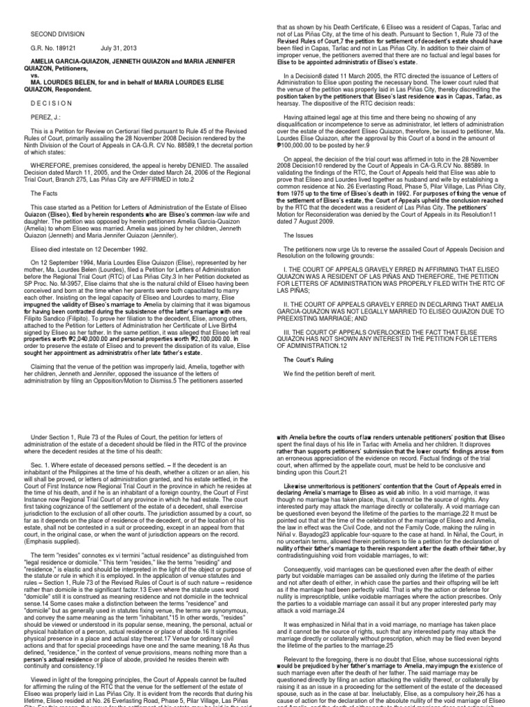Quiazon Vs Quiazon | PDF | Domicile (Law) | Marriage