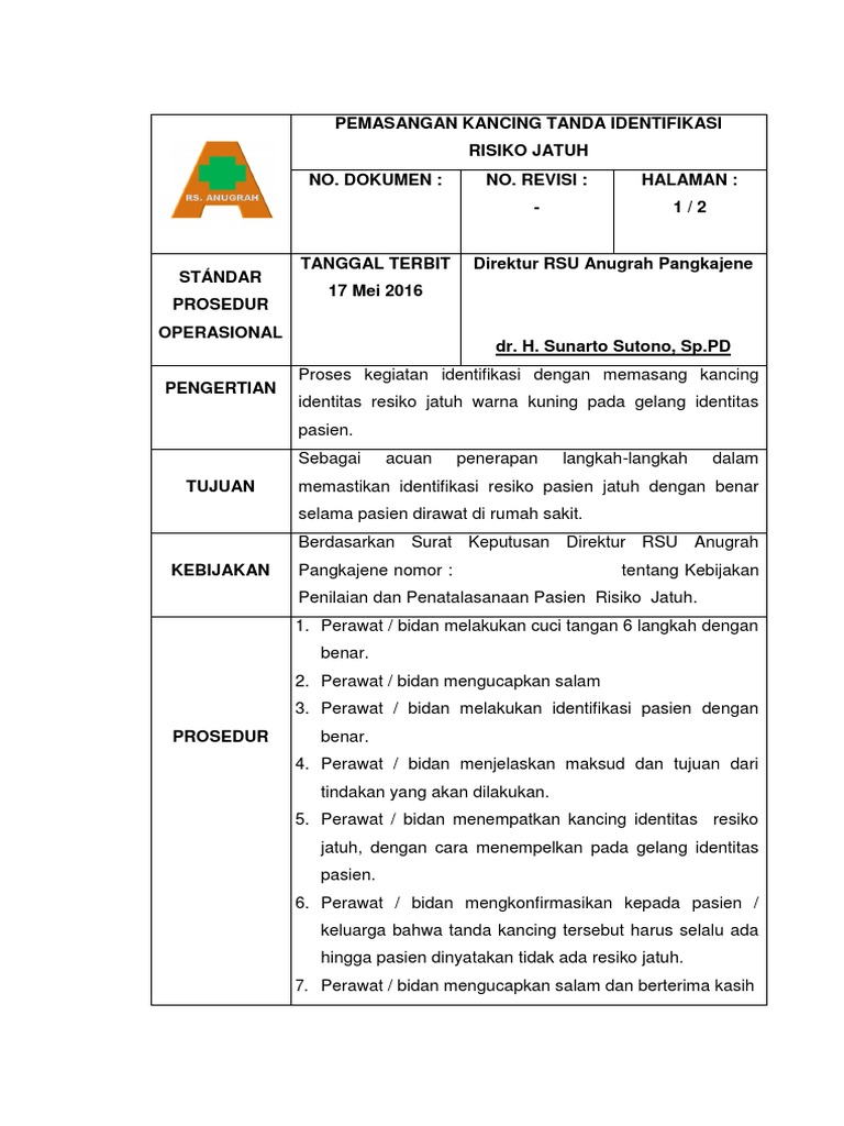 Spo Pemasangan Kancing Tanda Identifikasi Risiko Jatuh | PDF