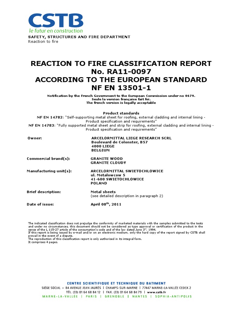 Reaction To Fire Classification Report No. RA11-0097 According To The ...