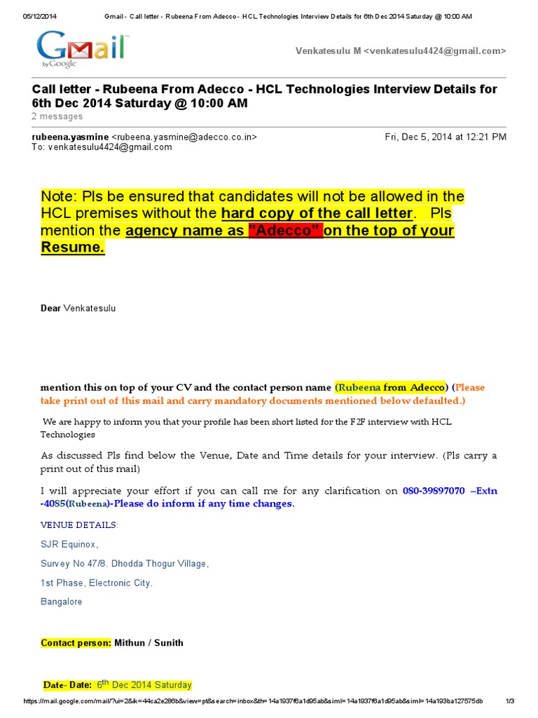 HCL Call Letter PDF | PDF | Computing | Computing And Information ...