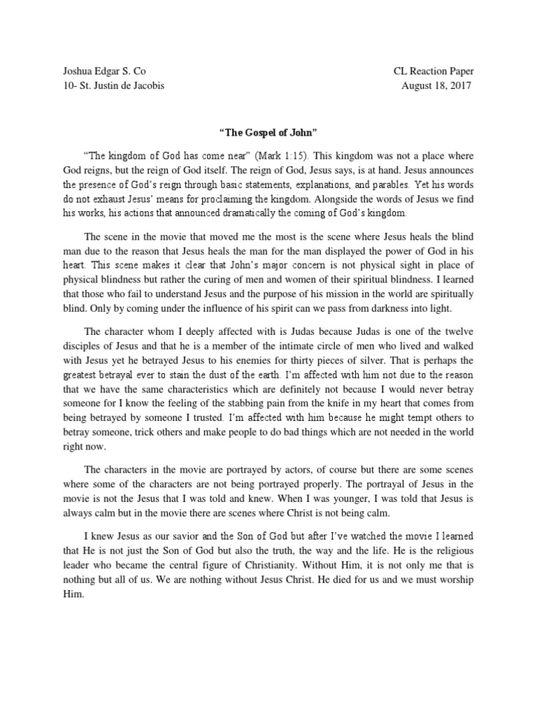 The Gospel of John Reflection Paper | PDF | Judas Iscariot | Gospel Of John