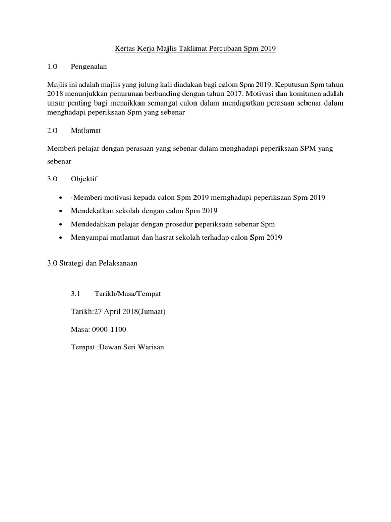 Kertas Kerja Program Taklimat Ringkas SPM | PDF