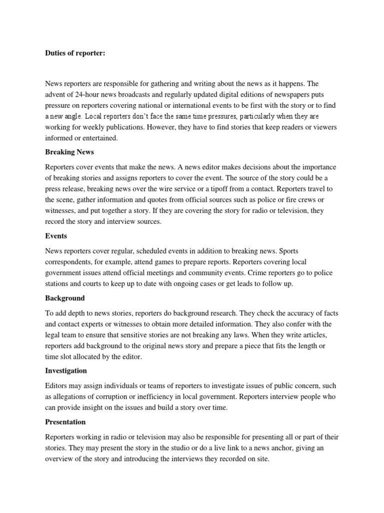 Duties of A Reporter | PDF | News | Information