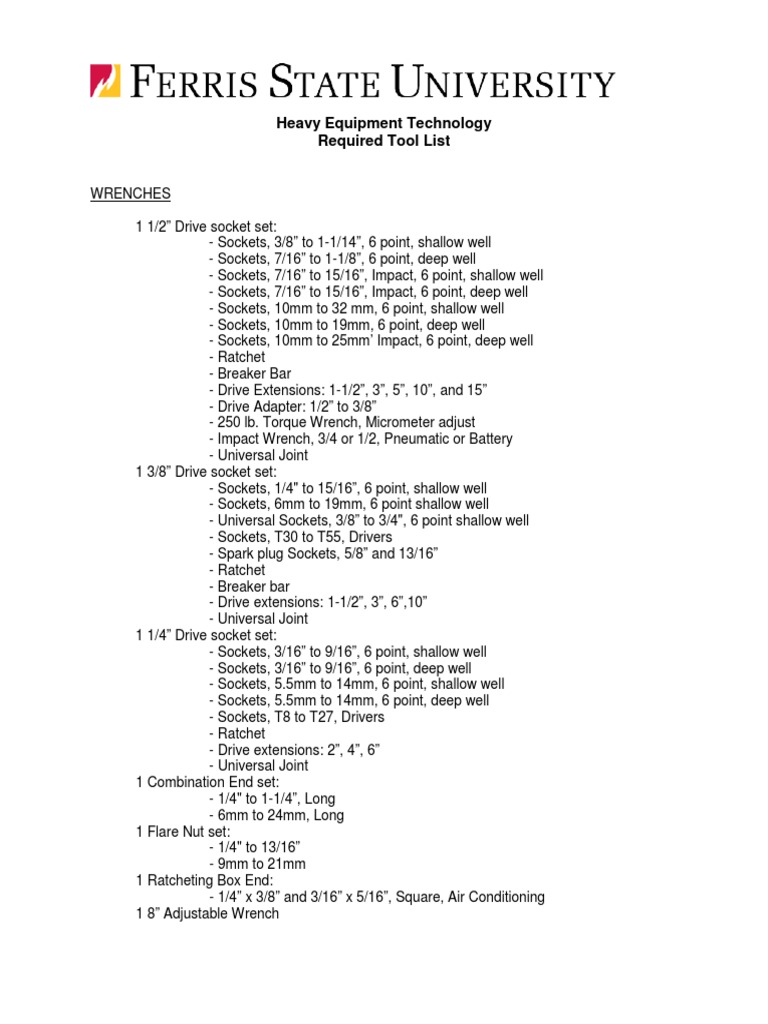 Heavy Equipment Tool List 201308 | PDF | Manufactured Goods | Tools