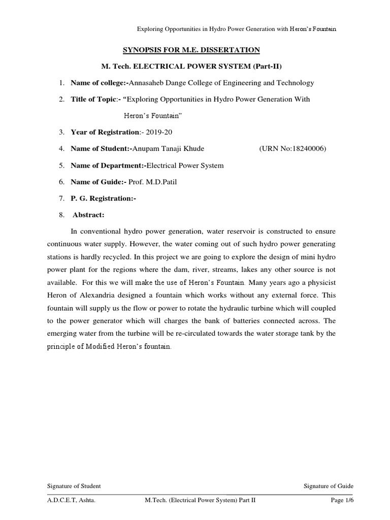 M.tech .Tech Synopsis | PDF | Hydroelectricity | Power Station