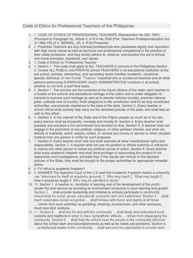 Code of Ethics For Professional Teachers | PDF | Academic Freedom ...