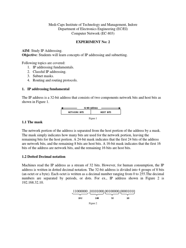 Experiment No: 2 AIM: Study IP Addressing. Objective: Students Will Learn Concepts of IP ...