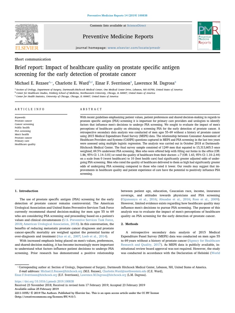 Preventive Medicine Reports: Michael E. Rezaee, Charlotte E. Ward ...