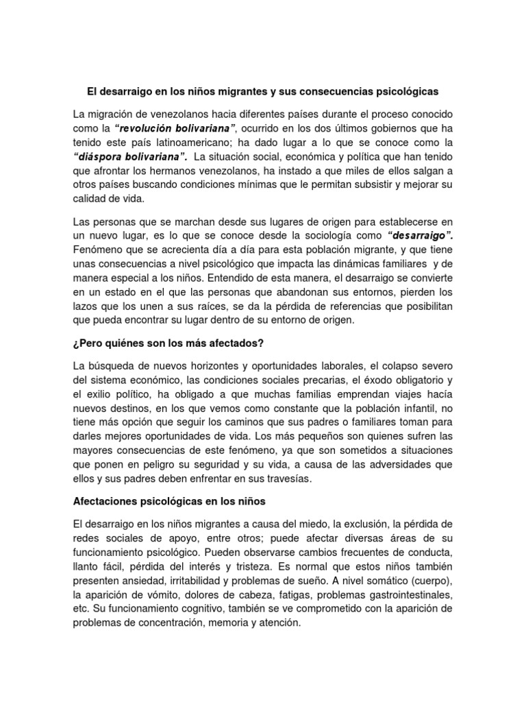 El Desarraigo en Los Niños Migrantes y Sus Consecuencias Psicológicas ...