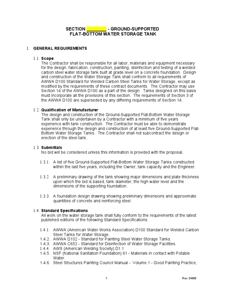 Ground-Supported Water Tank Standards | PDF | Structural Steel ...