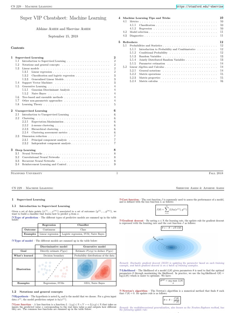 CS229 Machine Learning Cheatsheet | PDF | Cluster Analysis | Logistic Regression
