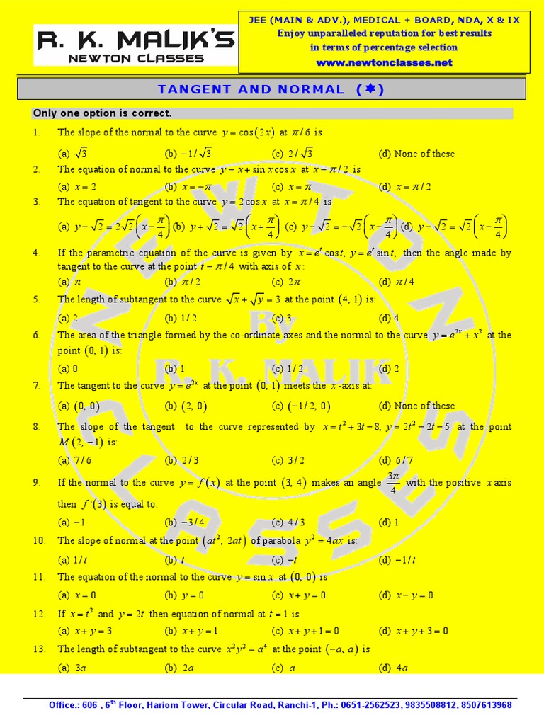 Tangent and Normal | PDF | Tangent | Slope