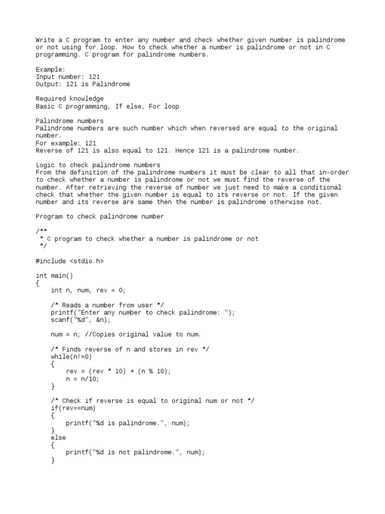 C Program To Check Whether A Number Is Palindrome or Not | PDF | Computers