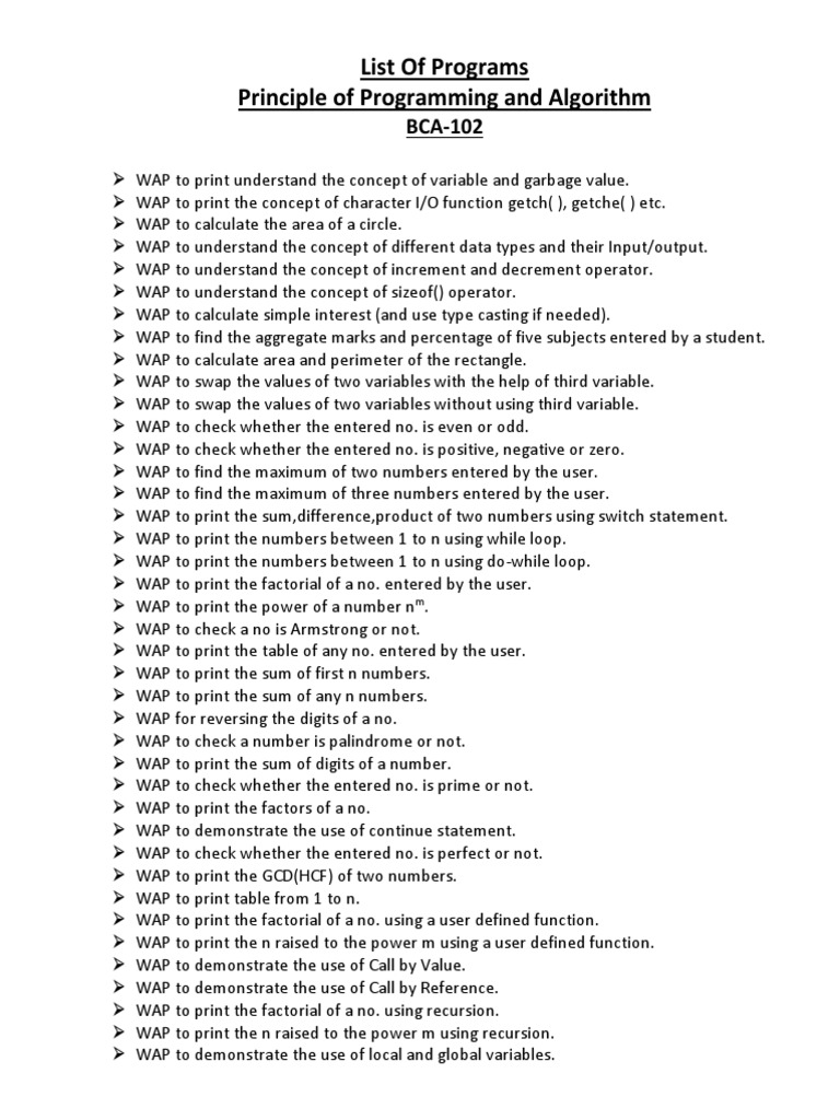 List of Programs Principle of Programming and Algorithm | Download Free ...