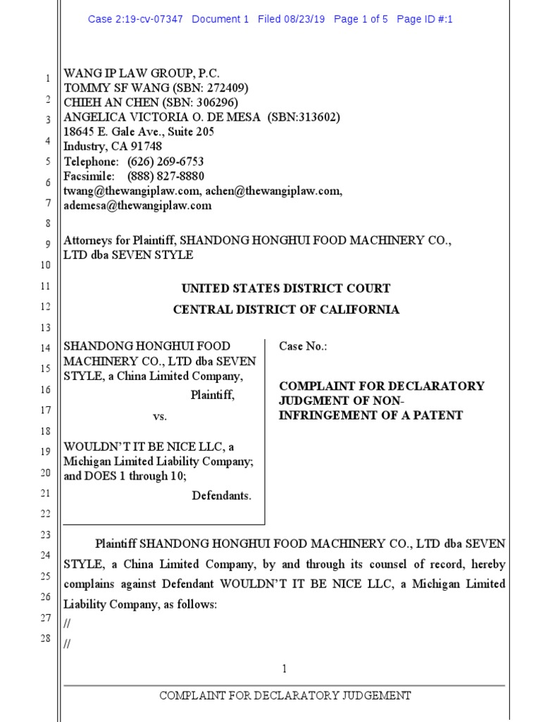 Non-Infringement of Design Patent Case | PDF | Declaratory Judgment | Personal Jurisdiction