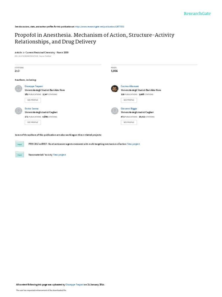 Propofol in Anesthesia. Mechanism of Action, Structure-Activity ...