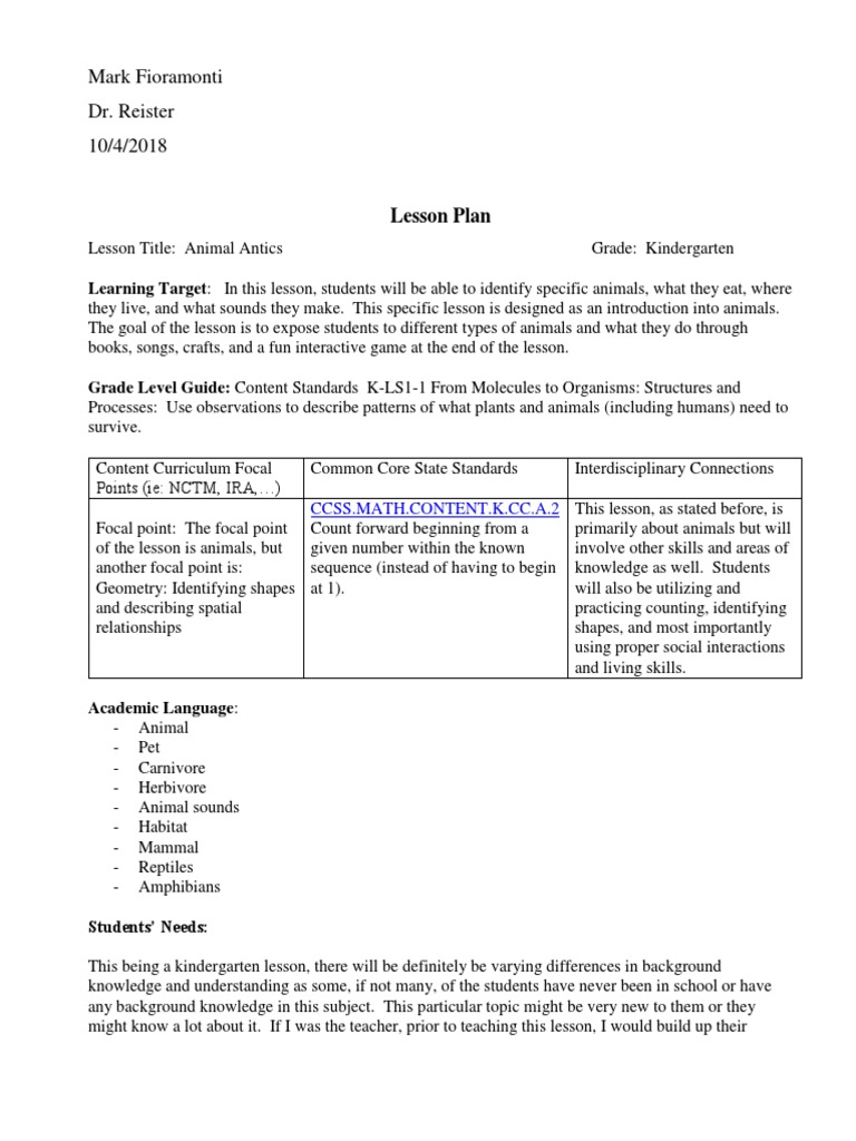 Kindergarten Animal Antics Lesson Plan | PDF | Educational Assessment ...