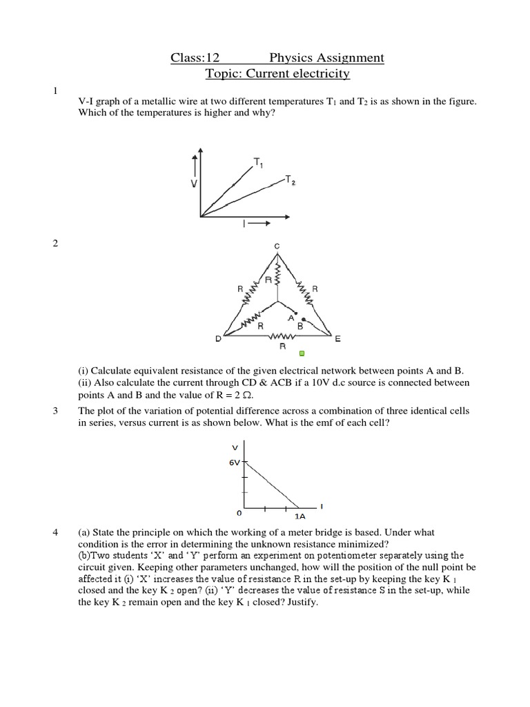 Class:12 Physics Assignment Topic: Current Electricity | PDF ...