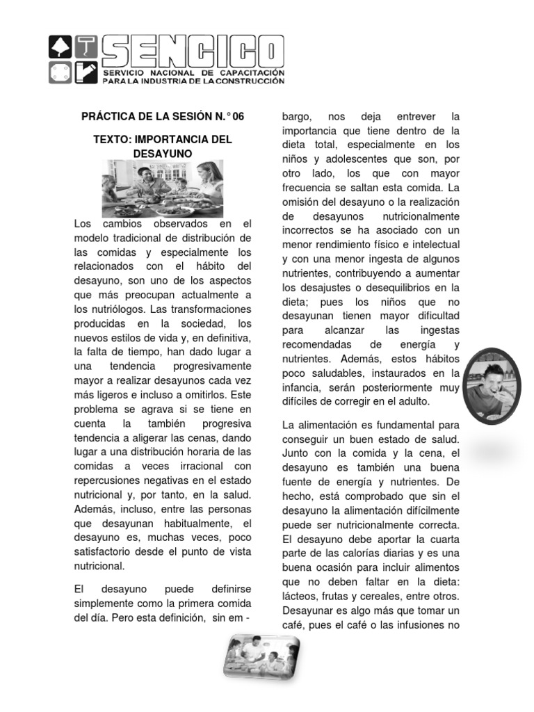 Anexo 03 Texto Sobre Importancia Del Desayuno | PDF | Dieta | Alimentos