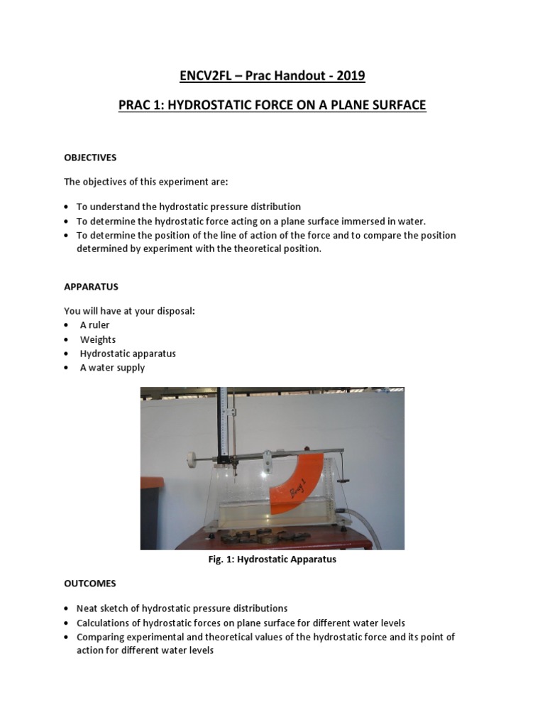 ENCV2FL - Prac Handout - 2019 Prac 1: Hydrostatic Force On A Plane Surface | PDF | Flow ...