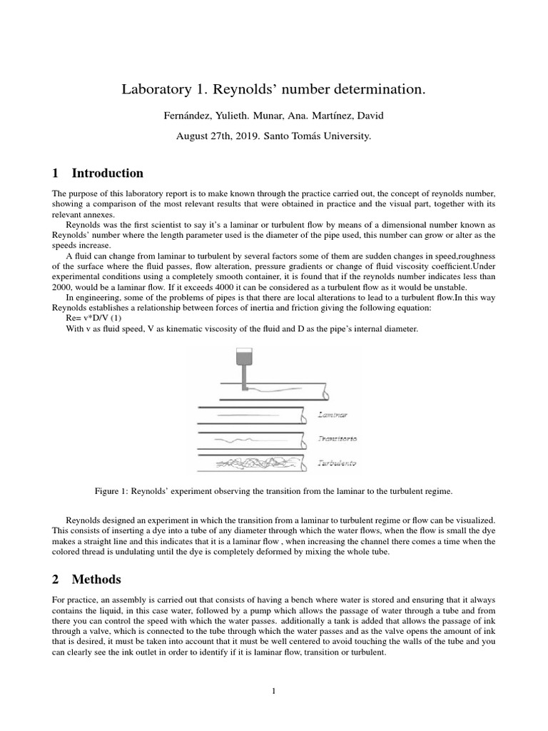 Laboratory 1. Reynolds' Number Determination | PDF | Reynolds Number ...