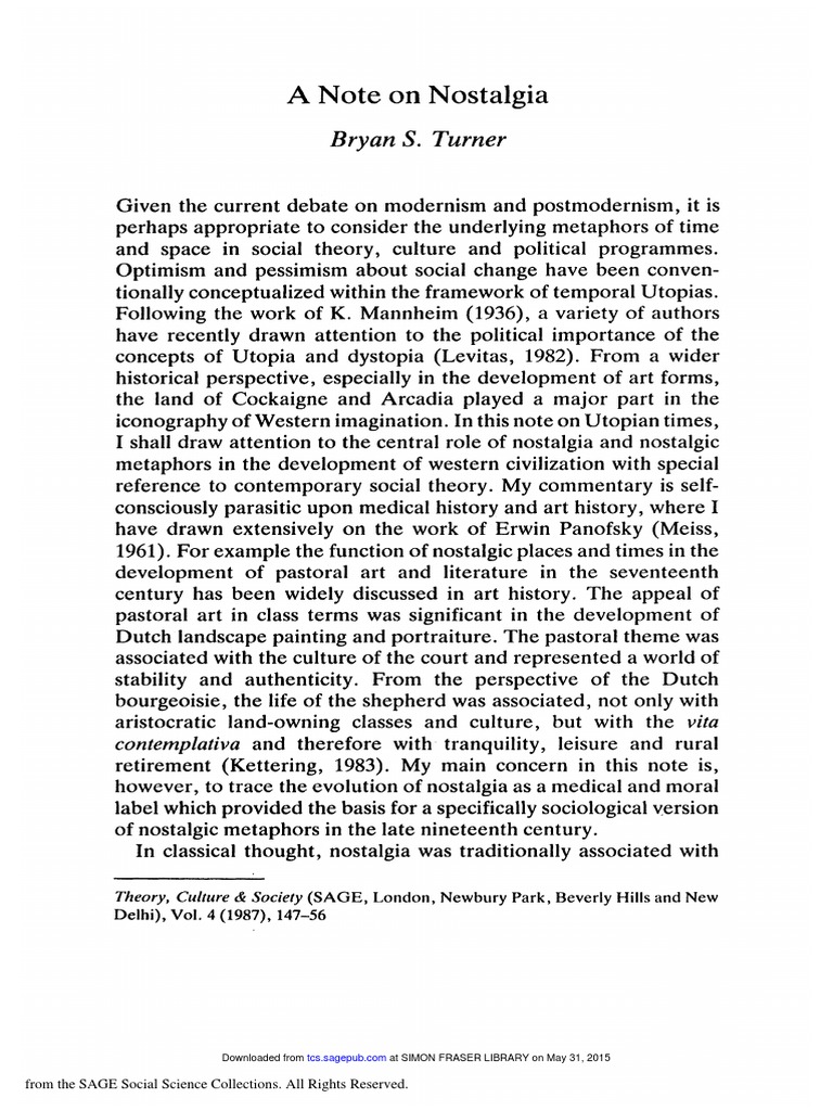 Turner Note On Nostalgia 1987 | PDF