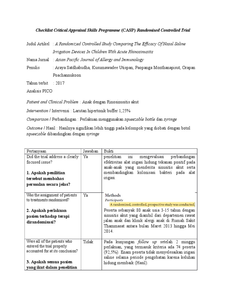 Checklist Critical Appraisal RCT THT-KL | PDF