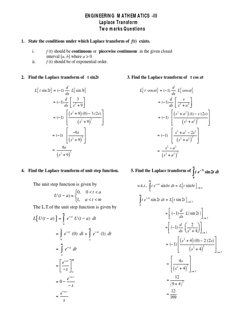 Unit 1 Laplace Transforms 2marks | PDF | Mathematical Analysis | Calculus