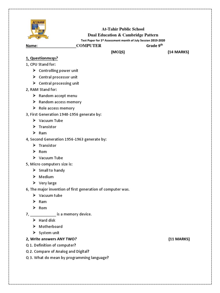 Computer Test Papers for Grades 4-9 | PDF | Random Access Memory ...