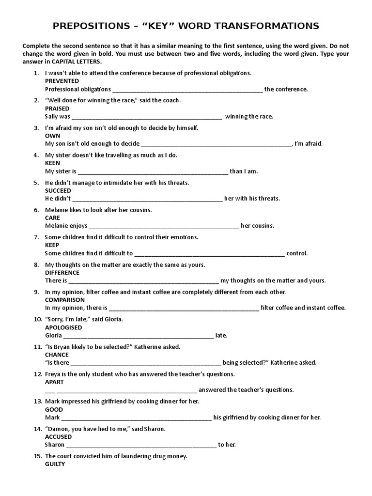 PREPOSITIONS - FCE Key Word Transformations | PDF