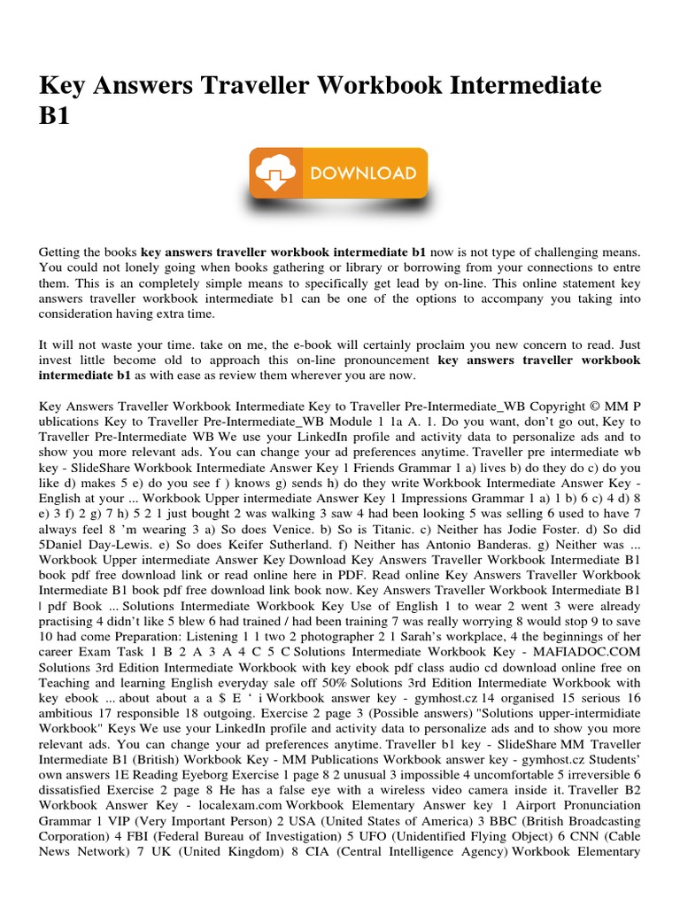 Key Answers Traveller Workbook Intermediate B1 | Download Free PDF ...