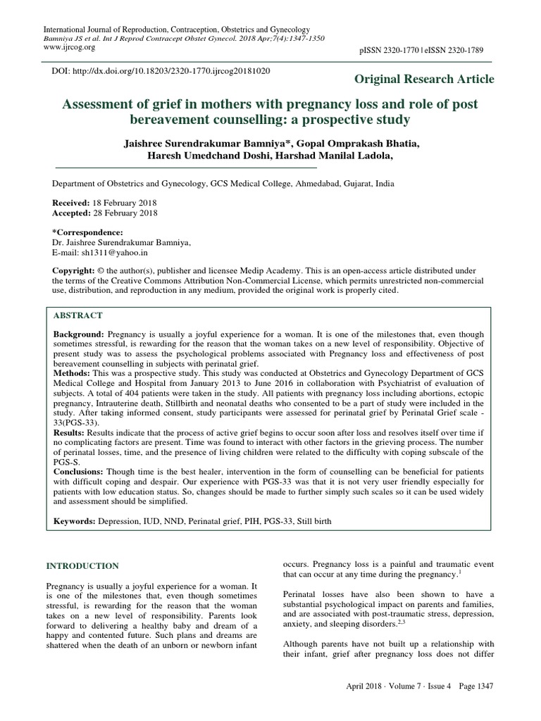 Assessment of Grief in Mothers With Pregnancy Loss and Role of Post ...