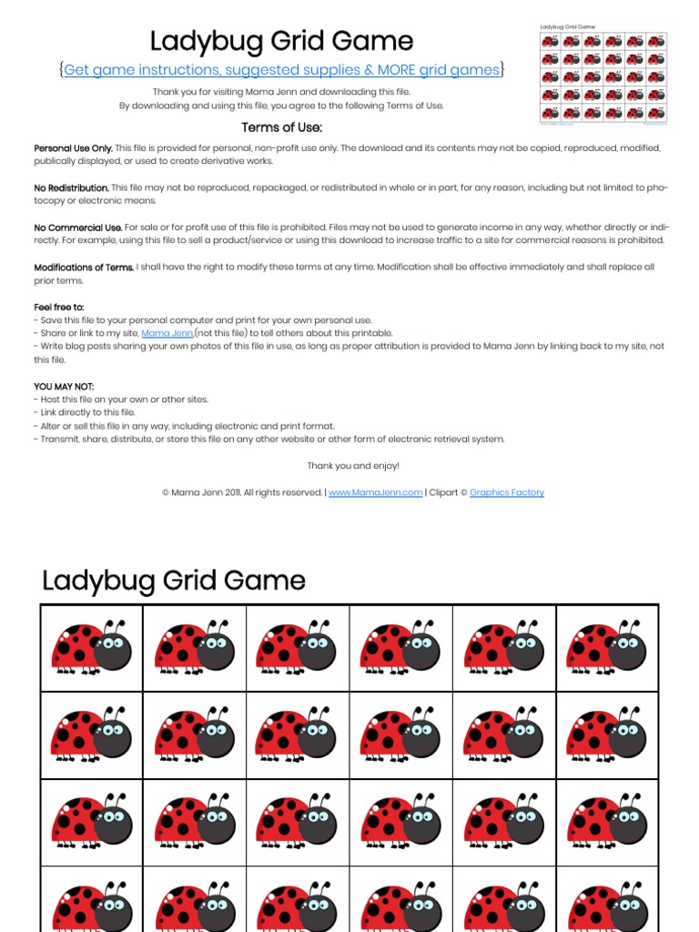 Ladybug Grid Game: Get Game Instructions, Suggested Supplies & MORE Grid Games | PDF