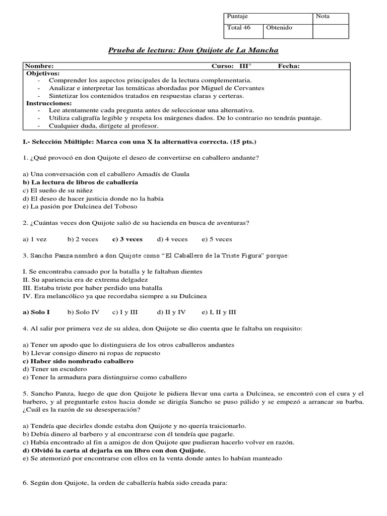 Prueba de Lectura - (IIIº MEDIO) Don Quijote de La Mancha (CLAVES ...