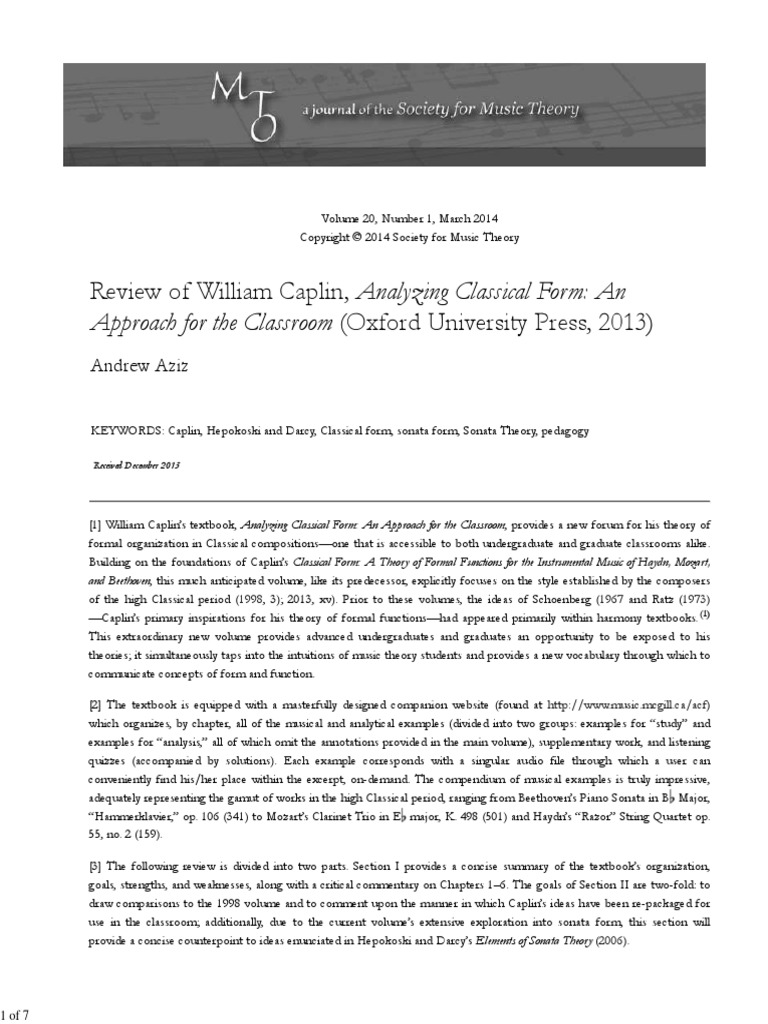 Review of William Caplin, Analyzing Classical Form: An (Oxford ...