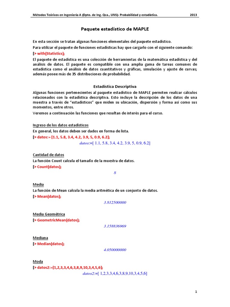 Apunte IV MAPLE V Paquete Estadístico 2013 - 2c | PDF | Distribución de ...