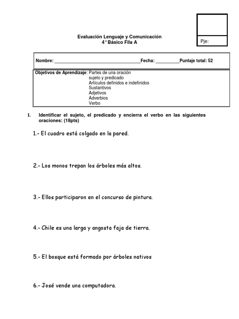 Evaluación de Partes de la Oración | PDF | Oración (Lingüística ...