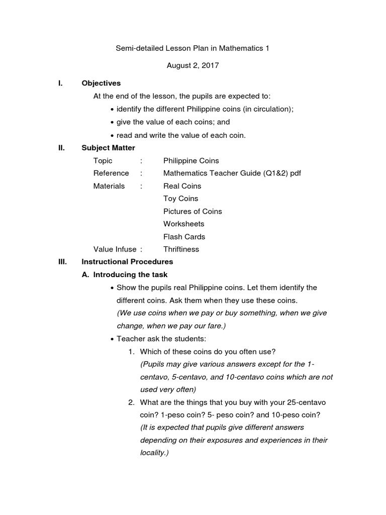 Semi-Detailed Lesson Plan For Philippine Money: COins | PDF | Coins ...