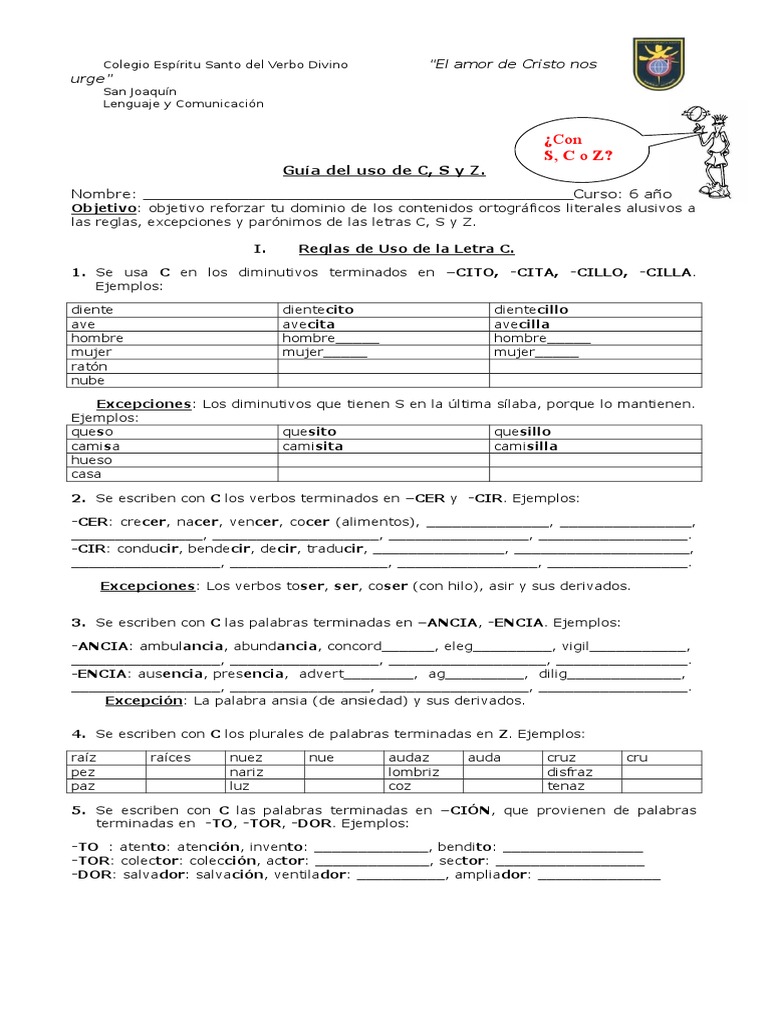 Guia Del Uso de La C, S y Z para Sexto Básico | PDF | Tipología ...