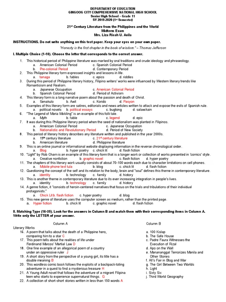 Grade 11 Literature Exam | PDF | Genre | Writing