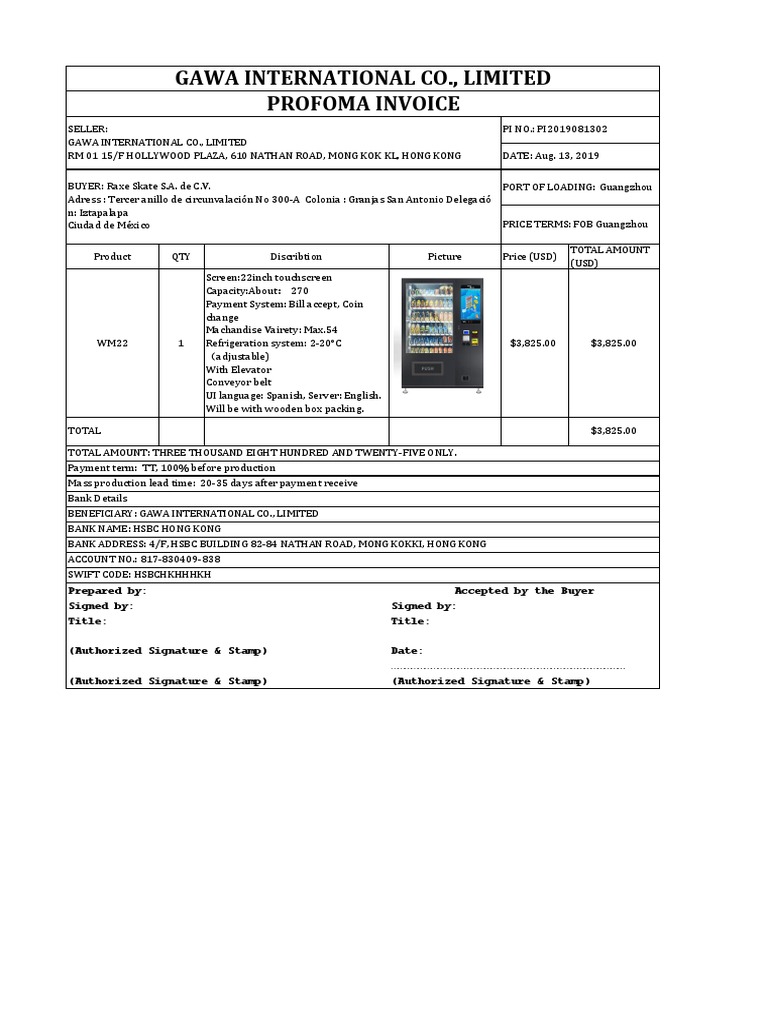 GAWA International Proforma Invoice for Skate Vending Machine | PDF ...